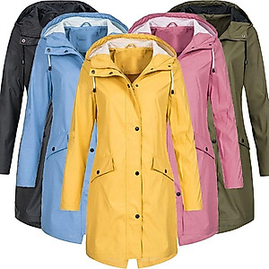 USYY Women's Rain Jacket Plus Size Long Raincoat Lightweight Hooded Windbreaker Waterproof Jackets with Pockets, Black, XX-Large