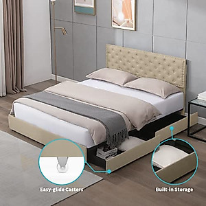 CECER Queen Size Bed Frame with 4 Storage Drawers,Upholstered Queen Size Platform Bed with Adjutable Headboard & Cotton Linen Fabric,Bed Base Frame with Storage Box,Easy Assembly-Beige
