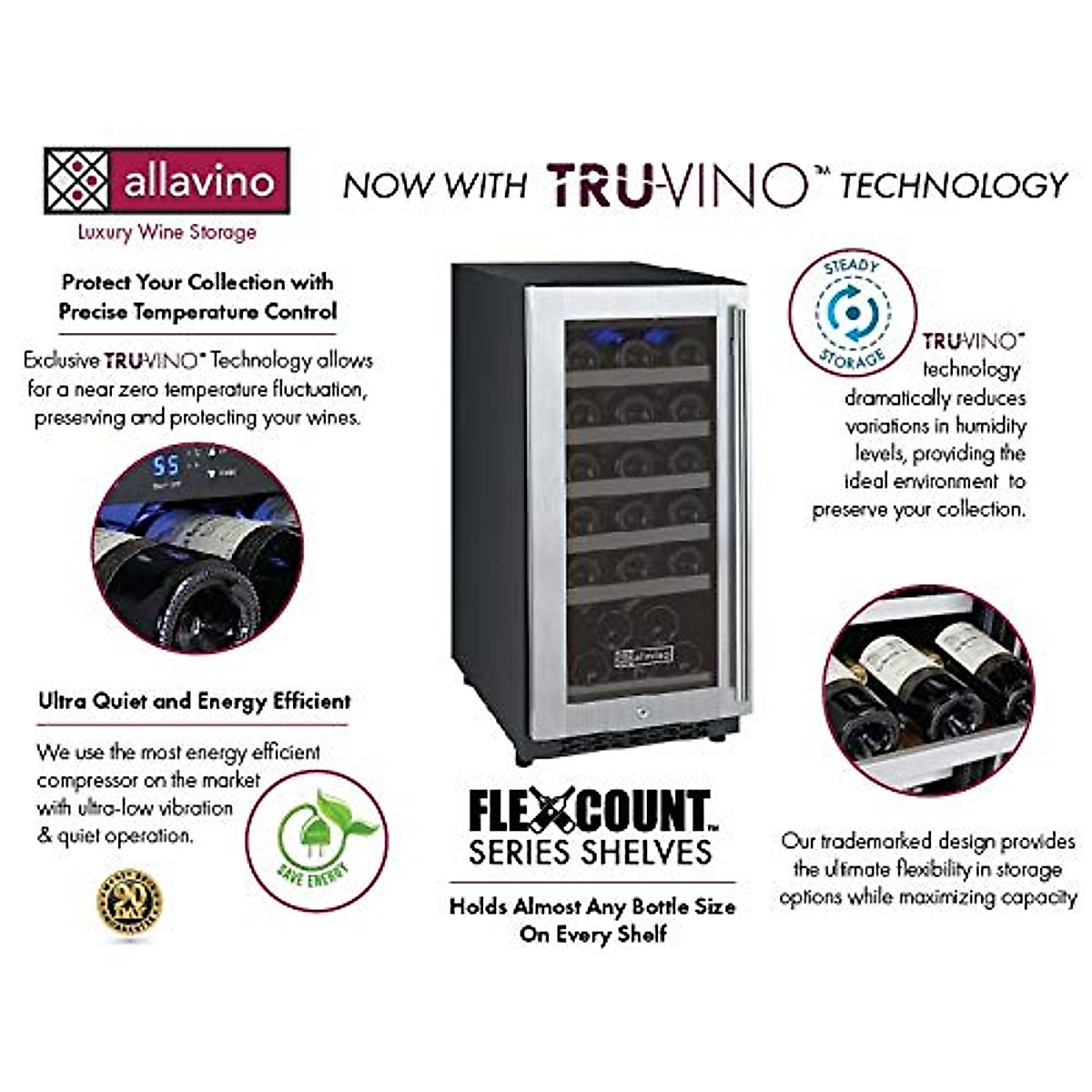 Allavino 15" Wide FlexCount II Tru-Vino 30 Bottle Single Zone Stainless Steel Left Hinge Wine Refrigerator