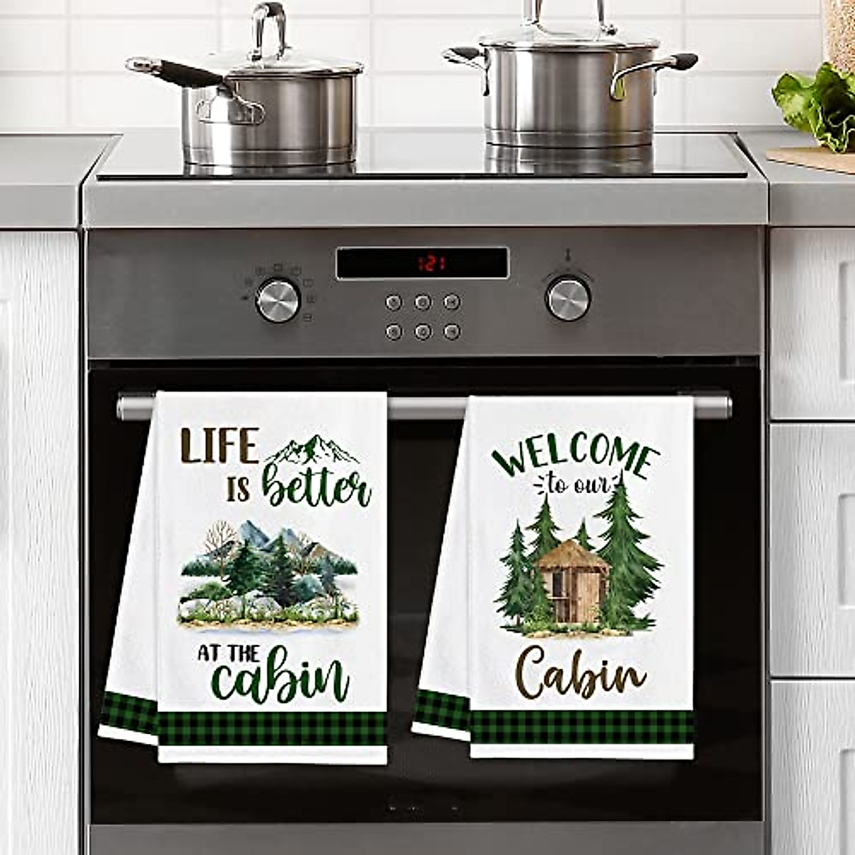 Hexagram Cabin Decor, Cabin Kitchen Towels Set of 4, Farmhouse Bear Deer Tea Towels, Log Cabin Decor, Rustic Decorative Hand Towels for Kitchen, New Home Housewarming Gifts