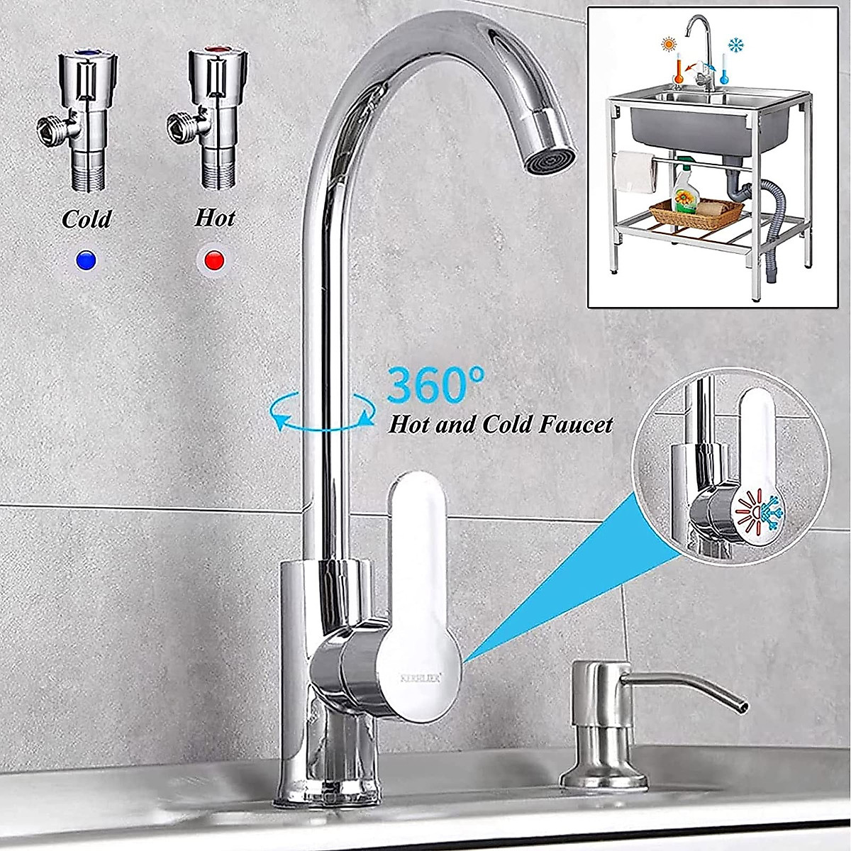 Free Standing Utility Sink Single Bowl Stainless Steel Sink w/Cold and Hot Water Pipe Faucet/Storage Shelve for Outdoor Garage Commercial Restaurant Kitchen Laundry Room 26.7"x17.3"