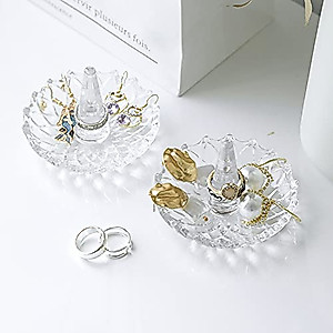 MyGift Clear Glass Ring Cone with Tray, Engagement Wedding Ring Holder with Round Starburst Design, Small Jewelry Ring Dish, Set of 2