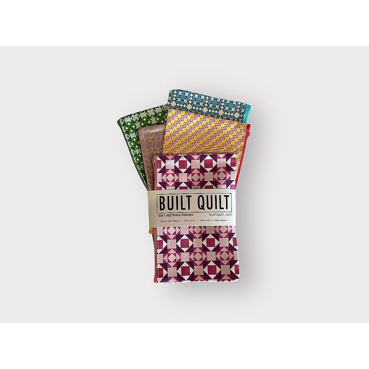 Built Quilt Quilt Patterned Pencil Pouches, Set of 5, Various Quilt Patterns, Printed Cotton Pouches, Make Up Pouches, Zippered Pouches, 8.27 in x 5.31 in (Quilt Jazz)