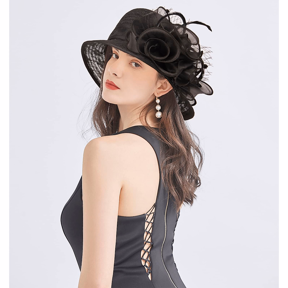 TLMNU Organza Fascinator Hat - Women¡¯s Wide Brim Church Bridal Tea Party Wedding Hat 12LaceBlack