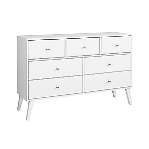 Prepac Milo Mid-Century Modern 7 Drawer Double Dresser for Bedroom, Wide Chest of Drawers, Contemporary Bedroom Furniture, 16" D x 52.5" W x 33.75" H, White, WDBR-1407-1
