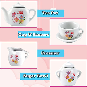 Liberty Imports 16 Piece Rose Flower Miniature Porcelain Ceramic Tea Set | Kids Toy Mini Pretend Play Kitchen Decorated Playset | Small Party Accessories Teapot, Cups, Sugar Bowl and Creamer