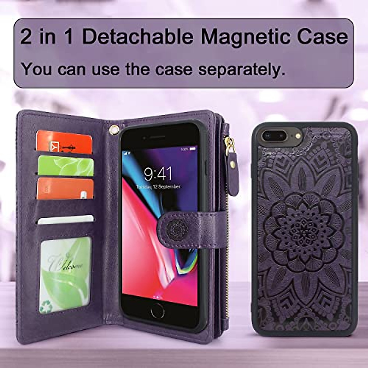 Harryshell Detachable Magnetic Zipper Wallet Leather Case Cash Pocket with Multi Card Slots Holder Wrist Strap for iPhone 8 Plus/iPhone 7 Plus / 6S Plus 5.5 Inch Floral Flower (Deep Purple)