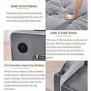 Convertible Futon Couch with USB Ports,Velvet Pull Out Sleeper Sofa Bed with Cup Holders and Pockets,3 in 1 Modern Loveseat with Adjustable Backrest,Small Love Seat for Living Room,Office,Grey
