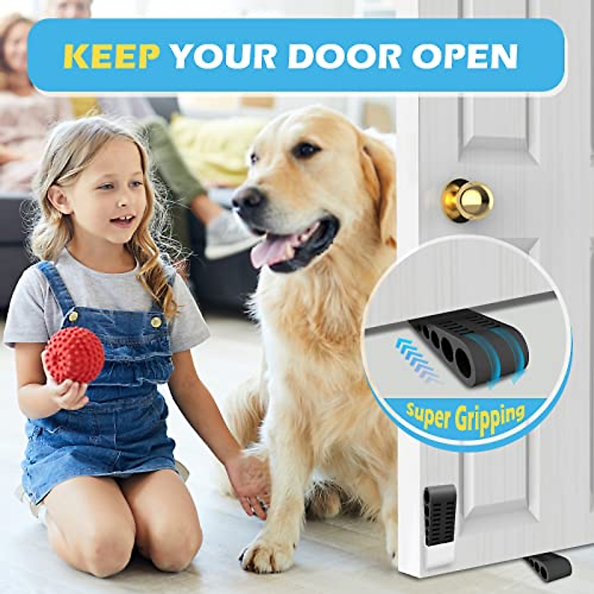 Rubber Door Stoppers for Bottom of Door - Door Stop Wedge with Holder for Home Office Stackable on Multi Floor Carpet Concrete Tile Linoleum & Wood Heavy Duty Doorstop No Sliding Drilling Black