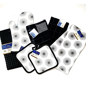 Black and White Burst Kitchen Towel Set with 2 Quilted Pot Holders, 2 Towels, Oven Mitt, 2 Microfiber Scrubbing Dish Cloths, Drying Mat