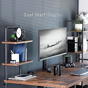 VIVO Clamp-on Premium 16 inch Industrial Pipe 2-Tier Tabletop Shelving, Heavy Duty Desk Extension Organizer, Modern Desktop Display Shelf, Rustic Vintage Brown Shelves, DESK-SHELF16-2N