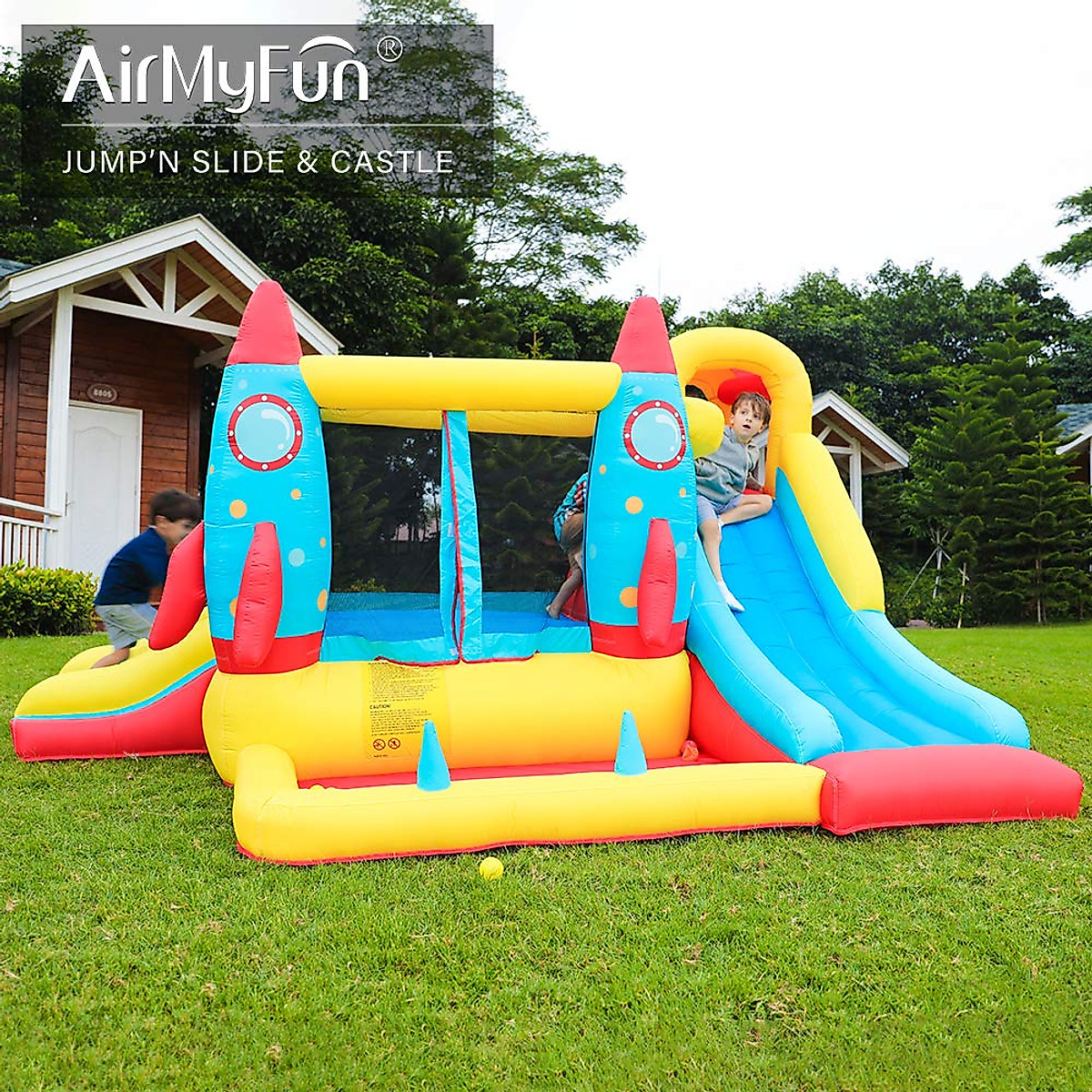 AirMyFun Inflatable Bounce House,Bouncy Castle with Air Blower,Play House with Ball Pit,Inflatable Kids Slide,Jumping Castle with Carry Bag(Rocket Theme)