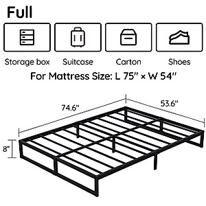 Richwanone 8 Inch Bed Frame Full Metal Platform Mattress Foundation with Steel Slat Support, No Box Spring Needed, Easy Assembly, Black