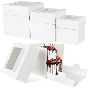 LotFancy Tall Cake Boxes with Window, 3 Sizes 12Pcs 12 x12 x 12, 10 x10 x 10 and 8 x 8 x 8 Inch Cake Carrier, White Bakery Boxes, Cardboard Cake Containers for Wedding Birthday