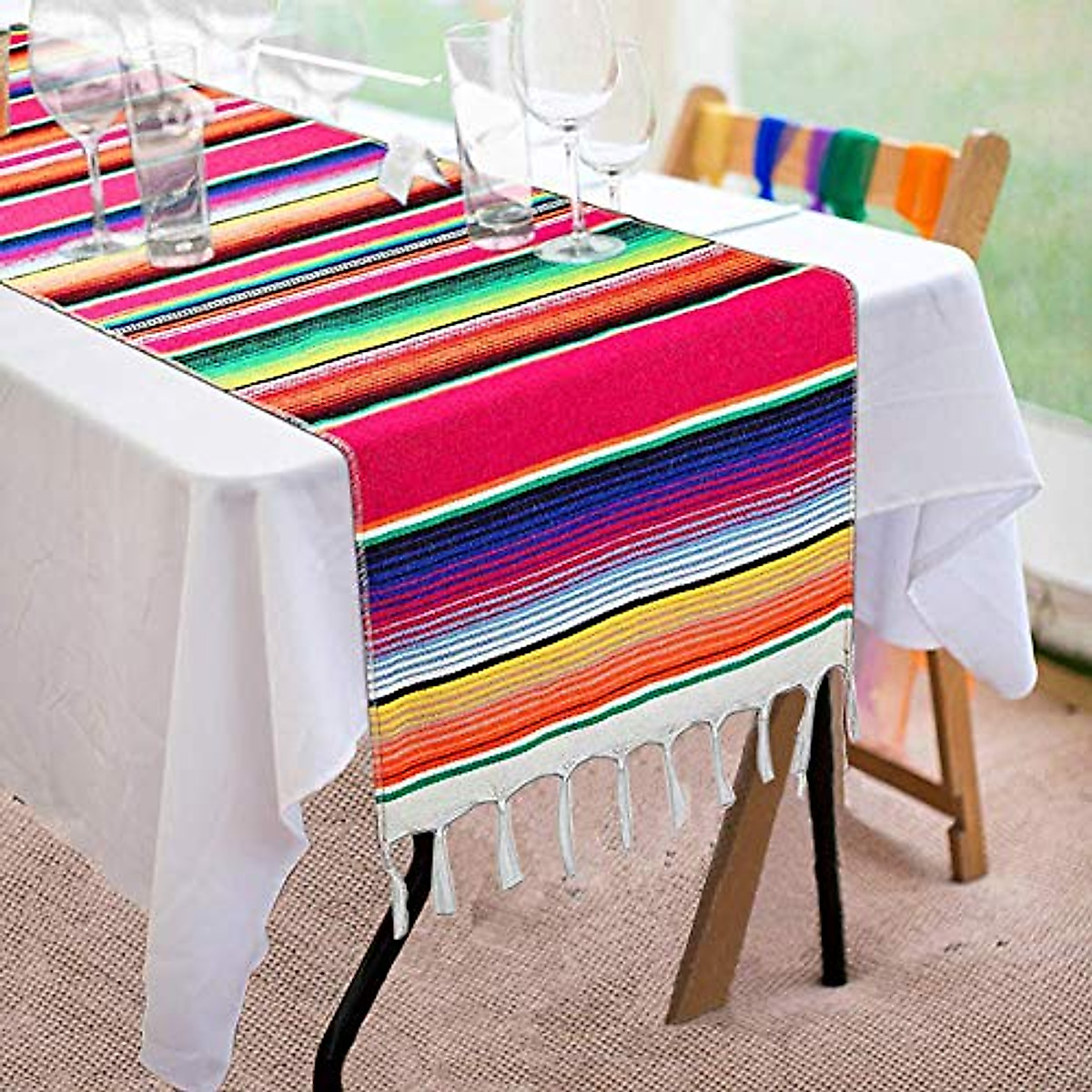 Mexican Table Runner 14 x 84 Inch Mexican Serape Table Runner for Mexican Party Wedding Decorations, Fringe Cotton Table Runner