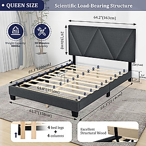 FINATI Queen Bed Frame, Wood Platform Bed Frame Queen Size with Fully Fabric Upholstered Headboard/Mattress Foundation/Strong Wooden 10-Slats Support, Noise Free, No Box Spring Needed, Easy Assembly