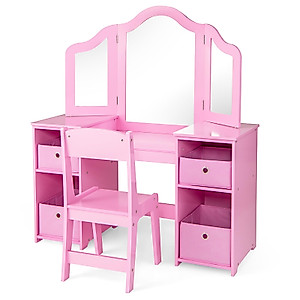Costzon Kids Vanity, 2 in 1 Princess Makeup Desk & Chair Set with Tri-Folding Mirror, 4 Storage Bins, Wooden Toddler Vanity Dressing Table, Pretend Play Vanity Set for Little Girls (Pink)