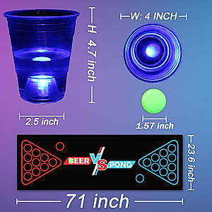HIOHWEFH Glowing Beer Pong Table Mat for Drinking Game Light Up Plastic Cups and Pongs Beer Pong Set for Party Game Indoor Outdoor Pong Game, Party Supplies Decor 71 * 23inch