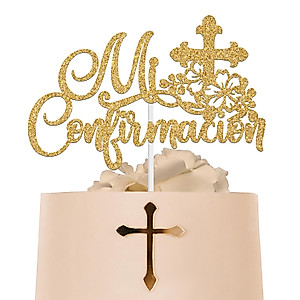 Mi Confirmacion Cake Topper, Mi Primera Comunion, First Holy Communion, Bridal Shower/Wedding/Baptism/Christening Baby Shower Party Decorations, Gold Glitter