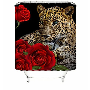 Red Rose Cheetah Shower Curtain Cat Leopard Print Bath Curtain with 12 Hooks Romantic Flowers Bathroom Decor Curtain Set with Non-Slip Rugs, Toilet Lid Cover Bath Mat for Bathtubs (Red Rose Cheetah)