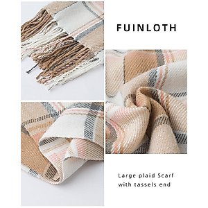 Fuinloth Women's Large Plaid Scarf Fashion Long Shawl Wrap for Winter Warm Lightweight Brown Pink