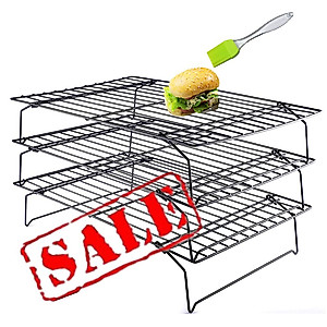3 Tier Non Stick Cake Cooling Rack - Oven Safe, Heat Resistant, Space Saving Stackable Wire Tray with Collapsible Legs for Roasting, Cooking, Grilling, Drying, Plus Multi-use Basting Brush, 10x16 in