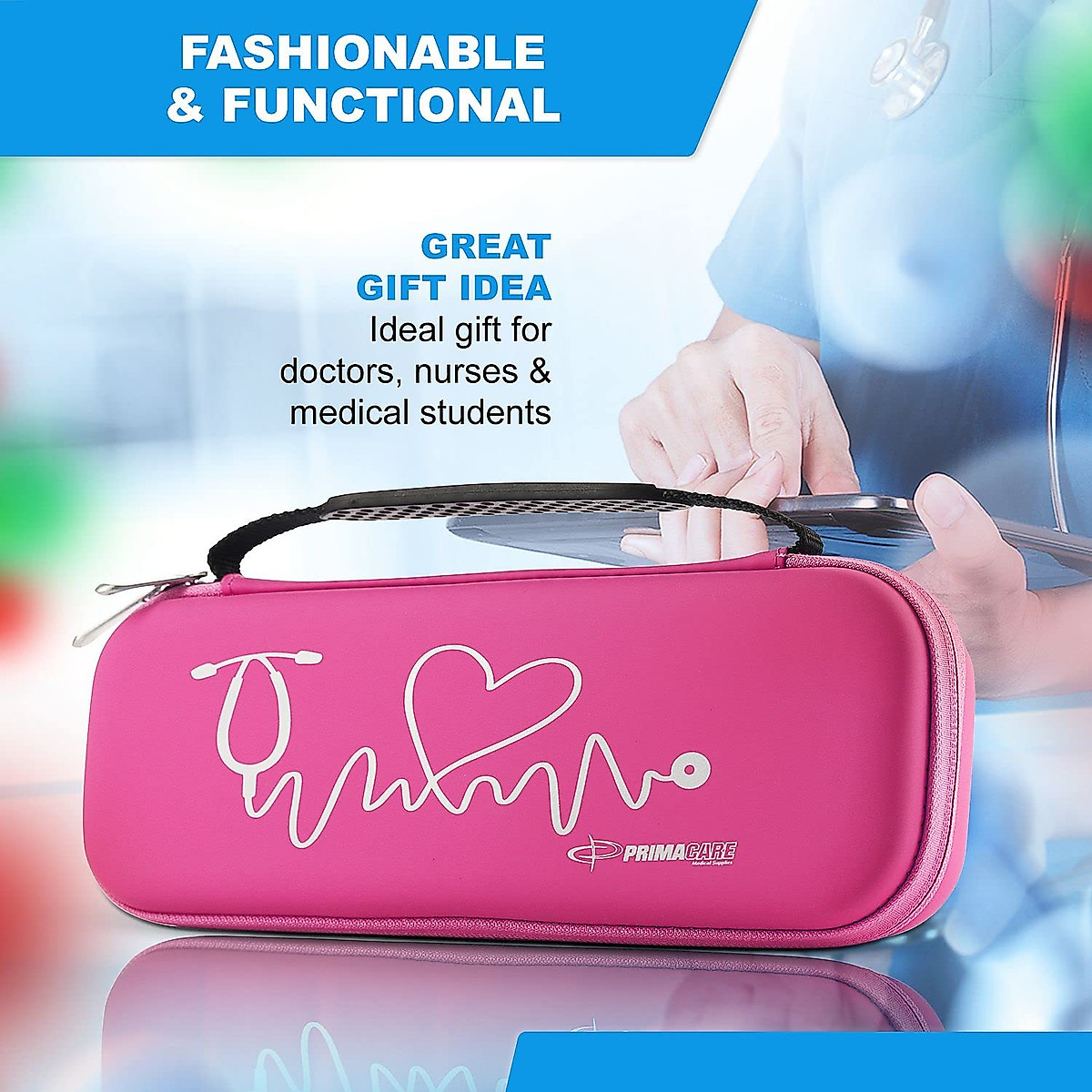 Primacare KB-9397-PK Stethoscope Case, SUPPLIES INCLUDED, Pink with Multiple Compartments, Portable and Lightweight First Aid Kit Bag with Vital Medical Supplies, Nursing Accessories for Nurses