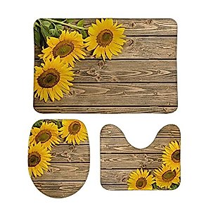 Apular Fashion 3 Piece Bath Rugs Set Sunflowers Wooden Board Printed Non Slip Ultra Soft Bathroom Mats, U Shape Mat and Toilet Lid Cover Mat Bath Mats