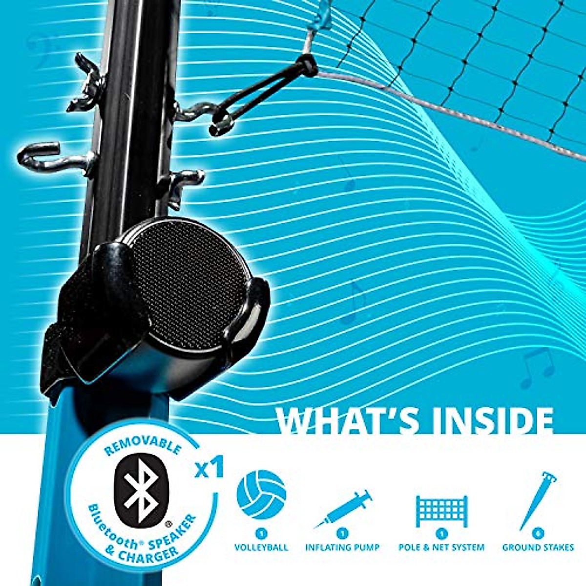 Franklin Sports Beach + Backyard Volleyball Set with Speaker - Bluetooth Volleyball Net + Pole Set - Volleyball, Pump, Bluetooth Speakers + Carry Bag Included
