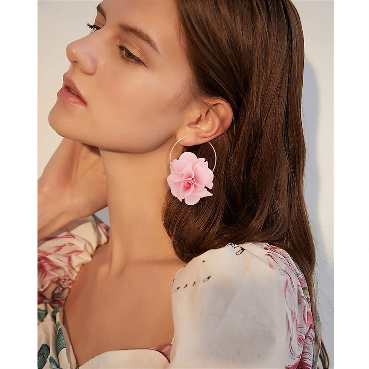 DAMLENG Lightweight Bohemian Big Fabric Flowers Dangle Drop Earrings Handmade Charm Chic Petal Hoop Earrings with Chiffon Floral Tassel for Women Vacation Wedding (Pink)