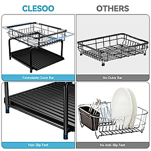 CLESOO Sink Dish Drying Rack - Rust Resistant Metal Dish Rack - Multifunctional Extendable Dish Drying Holder with Draining Mat - Drainer for Kitchen Sinks and Worktops with 4 Ways of Use