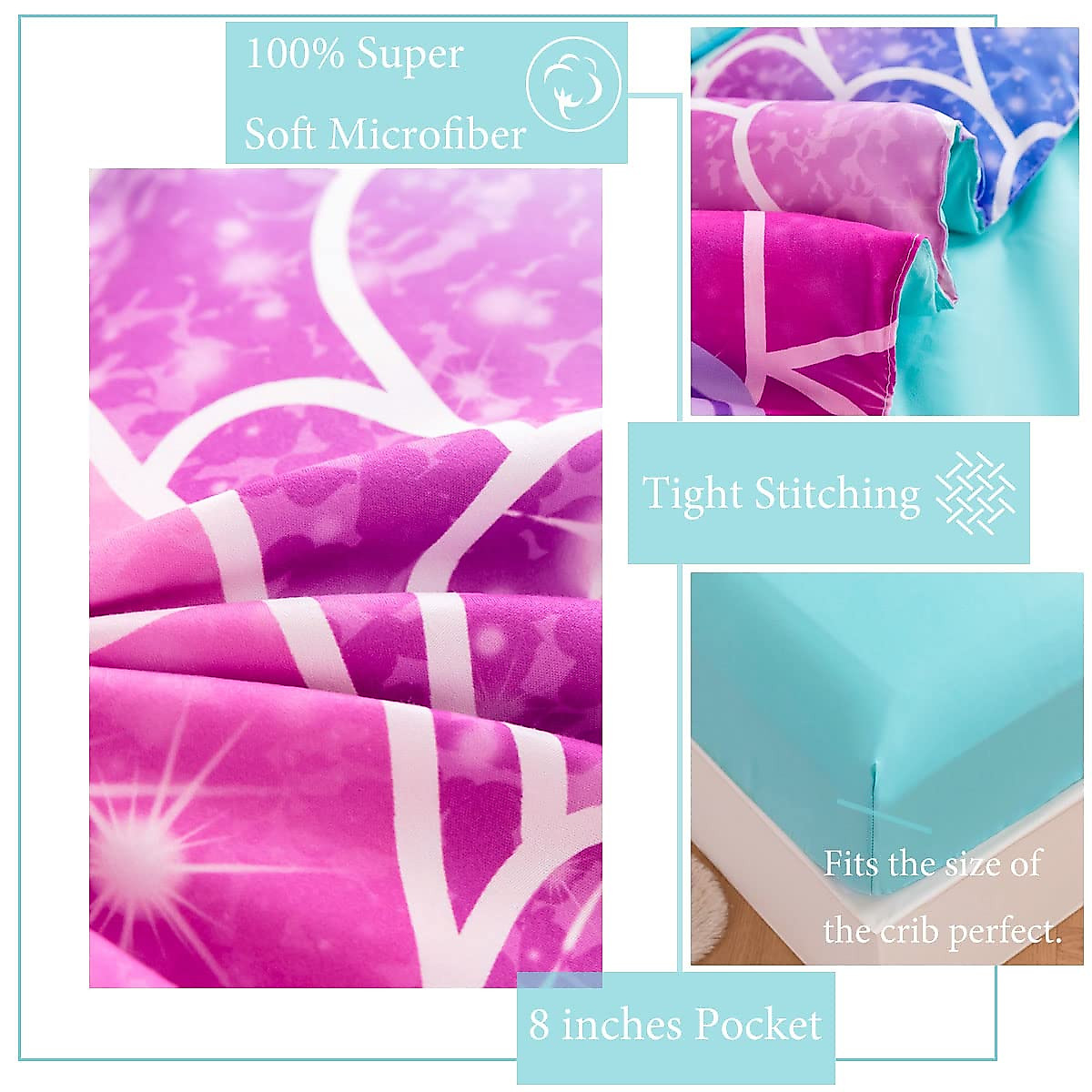 ZRNBAST Toddler Bedding Sets for Girls 4 Pcs Mermaid Tail Toddler Comforter Set Pink Turquoise Gradient Rainbow Colorful Toddler Bedding for Girl Bed, Pink Blue Fish Scale