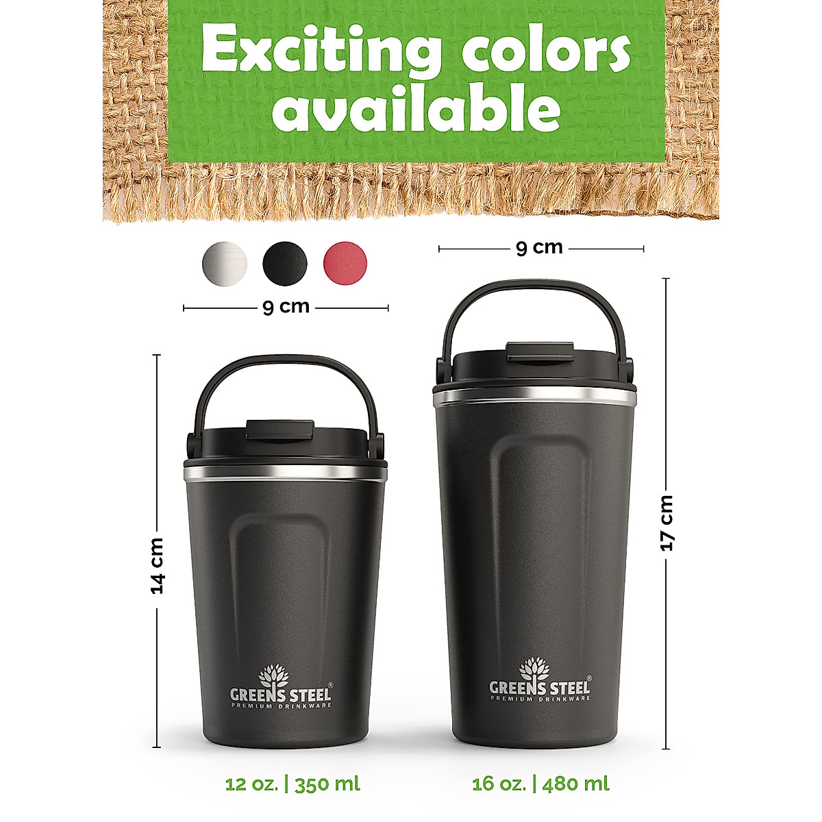 Reusable Coffee Cup with Lid and Handle - Stainless Steel Insulated Coffee Mug for Hot & Cold Drinks - Ideal Travel Mugs - 100% Leak-Proof Tumbler - 16 oz Black