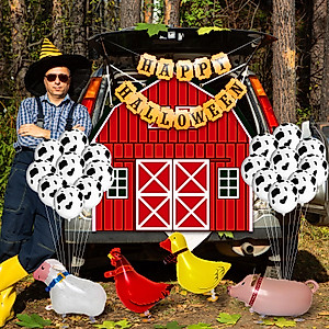 Preboun Halloween Farm Theme Trunk or Treat Decorations for Cars Red Barn Door Backdrop with 8 Pack Walk Animal Balloons 25 Pack Cow Balloons for Halloween Archway Garage Decorations