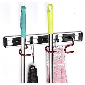 Mop Broom Holder Wall Mount QBOSO Aluminum Metal S Type Cleaning Tool Organizer Hanger Rack for Kitchen Garage Garden Holds Up to 5 Tools 17 In (3 Positions 2 Hooks Red black)