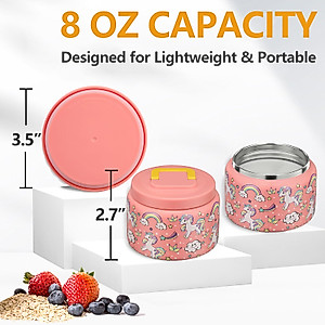 PIQUEBAR 8oz Kids Thermos for Hot Food,Small Lunch Thermos Food Container Stainless Steel,Easy Open Wide Mouth Thermo for Hot Cold Food for Preschool Travel (Pink Unicorns)