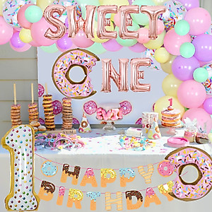 Sweet One Donut Birthday Party Decorations for Girls Donut 1st Birthday Pink Macaron Pastel Balloon Garland Arch Kit for Doughnut 1st Birthday Party Decor with Happy Birthday Banner