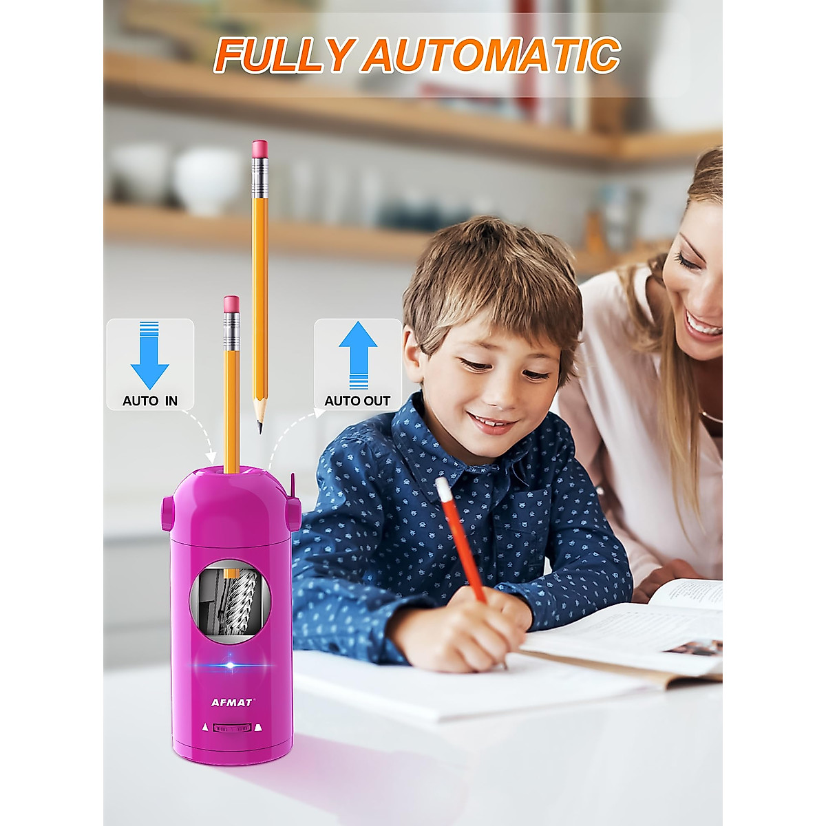 AFMAT Electric Pencil Sharpener for Colored Pencils, Fully Automatic Robot Pencil Sharpener, Auto in & Out, Rechargeable Hands-Free Pencil Sharpener for 7-11.5mm Jumbo Pencils, Home, Classroom