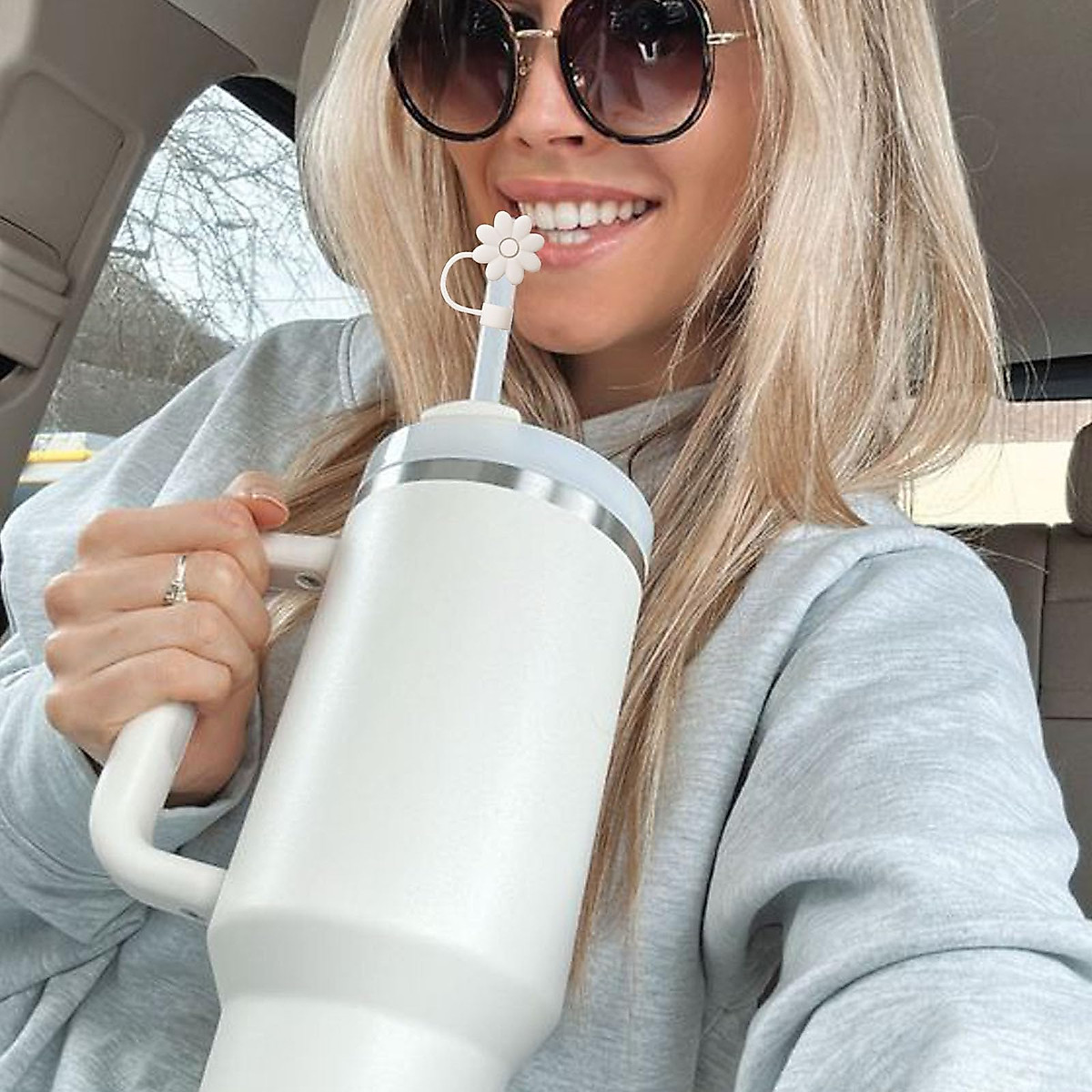 SEMATA Flower Straw Covers Toppers for Stanley Cups 30&40 Oz Tumbler with Handle Accessories 4PCS Silicone Straw Caps Reusable Straw Tips Protectors for Stanley Cup 10mm 0.4in Straws,Off White