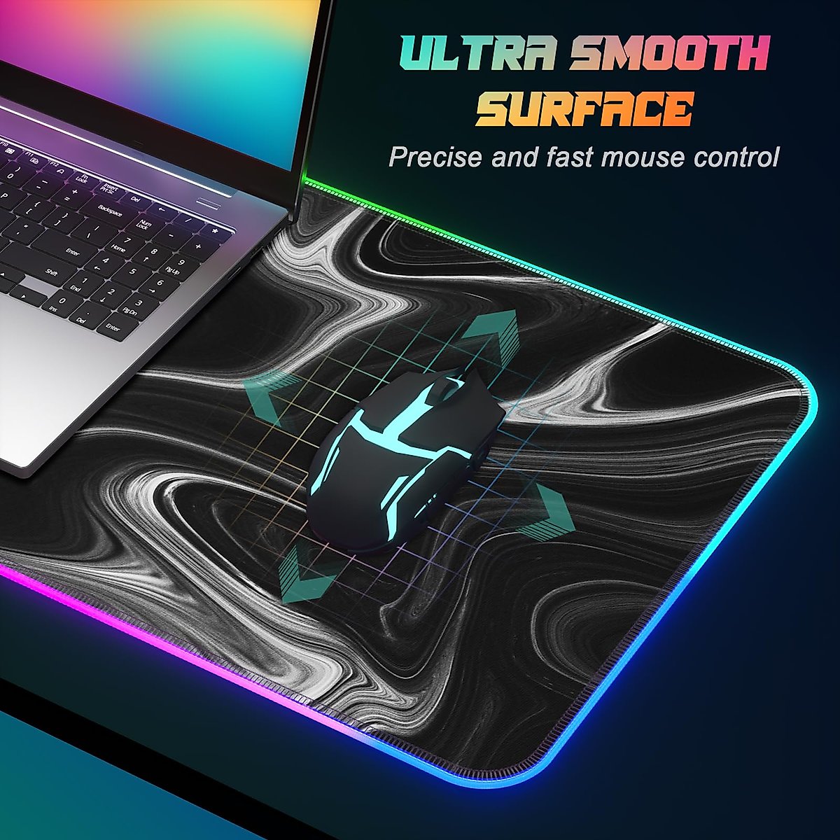ITNRSIIET RGB Gaming Mouse Pad, Full Desk XL Extended Large Gaming Mousepad, 12 Lighting Modes, 30% Thicker, Big LED Desk Mat for Keyboard Computer Men Gamers, 32" x 12", Abstract Black and White