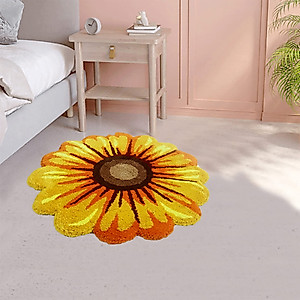 Sunflower Area Rug Mat 25" x 25" Yellow Floral Bathroom Rug Soft Plush Flower Doormat Non-Slip Rustic Small Carpet Handmade Floral Door Mat for Kitchen Bathroom Bedroom Living Room Yellow
