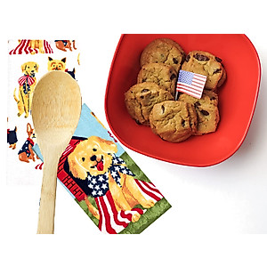 4th of July USA Home Decor Patriotic Puppy Dog Yellow Lab Kitchen Towel Set
