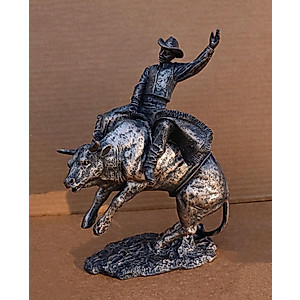 Ebros Rustic Western Rodeo Bull Rider Cowboy On Rearing Angry Bull Statue 10" Tall Faux Bronze Resin Old World Wild West Cattle Bull Riding Cowboys Themed Accent Figurine