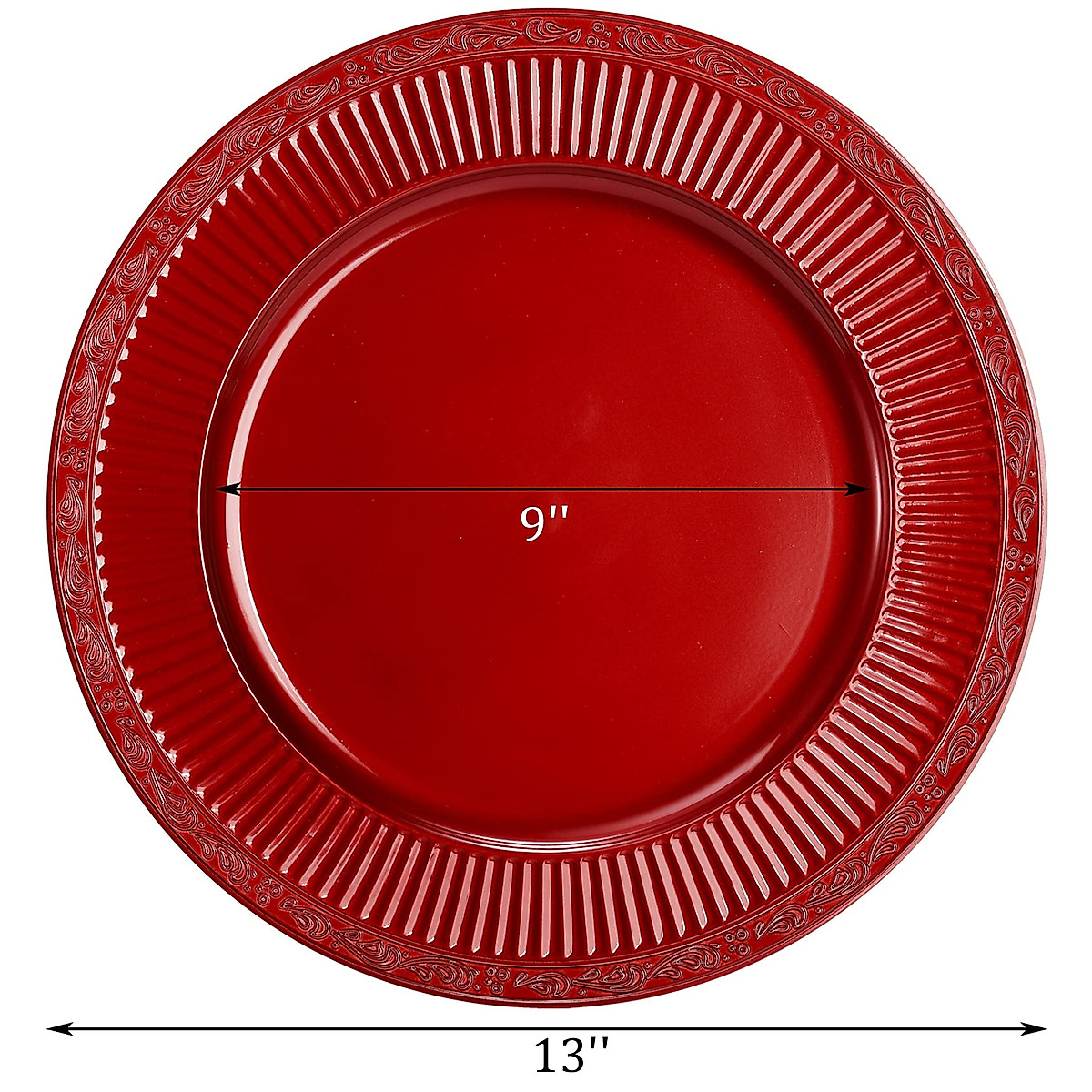 Yesland 12 Pack Charger Plates with Hammered Rim, 13 Inch Plastic Red Charger Round Decorative Dinner Chargers, Embossed Charger Serving Plates for Wedding, Dinner Parties, Tabletop