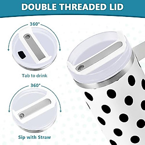 Black White Polka Dot Print Tumbler with Handle and Straw Lid, 40 oz Insulated Coffee Cup Stainless Steel Water Bottle Travel Mug Cupholder Friendly,Gifts for Women Men