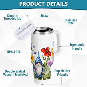 Burbuja Gnomes in Wildflowers 40oz Insulated Tumblers with Handle and Straw Lid, Double Wall Stainless Steel Travel Mug Leak-Proof, BPA Free, Gift for Mom Dad