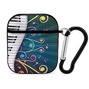 Piano Keys Music Background Hard Case for AirPods 1/2 Earbuds Headset Cover Protective Storage Bag with Hanging Keychain