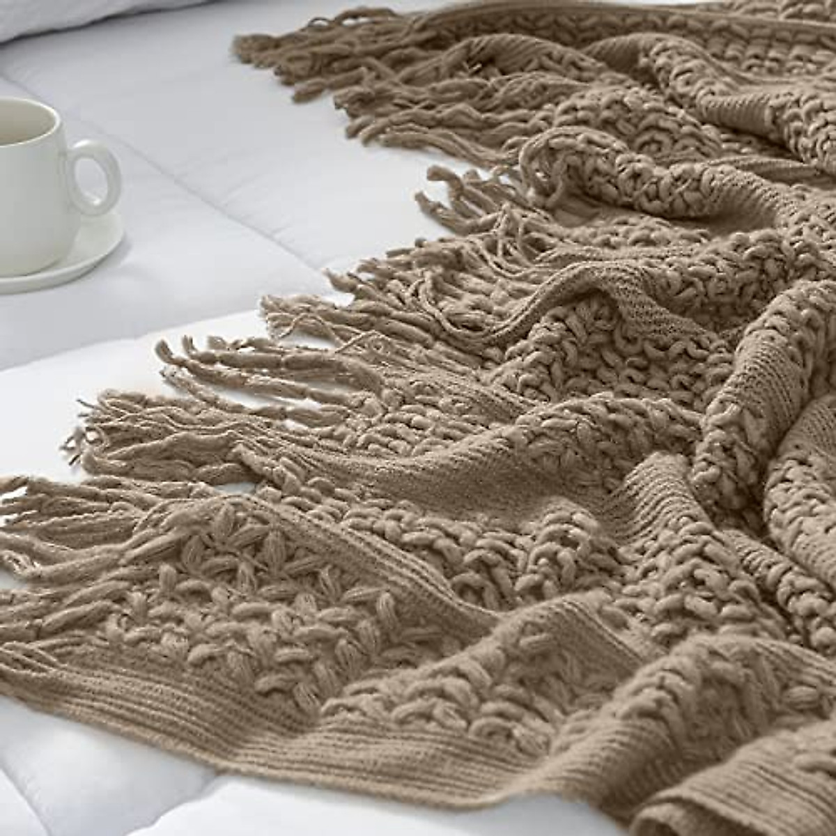jinchan Knit Throw Blanket Taupe Soft Couch Throw Blanket with Tassels Spring Bed Throw Blanket Indoor Outdoor Travel Warm Coverlet for Sofa Comforter Living Room Decor Nursery Gift 50 x 60 inch