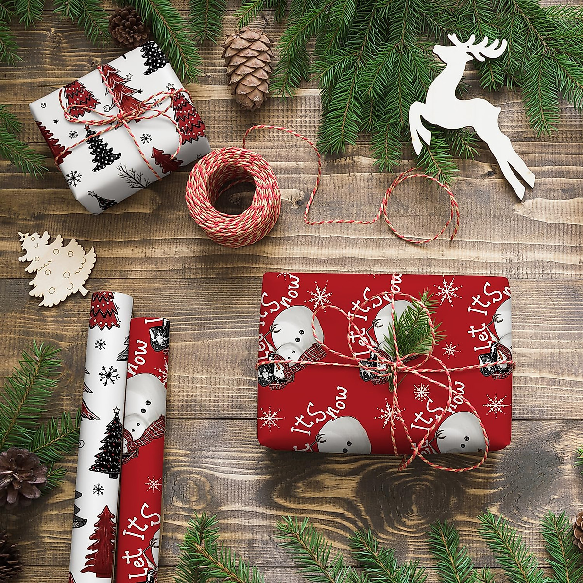 Horaldaily 17 x 120 Inch Christmas Wrapping Paper(3 Rolls: 42.5 sq. ft. ttl.), Red Buffalo Plaid Christmas Trees Snowman Snow Disposable Wrapping Paper for Party DIY Crafts Gift Decor