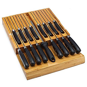 In-Drawer Knife Block,Bamboo Knife Drawer Organizer Insert, Kitchen Knife Drawer Storage for 16 Knives PLUS a Slot for your Knife Sharpener (Without Knives)